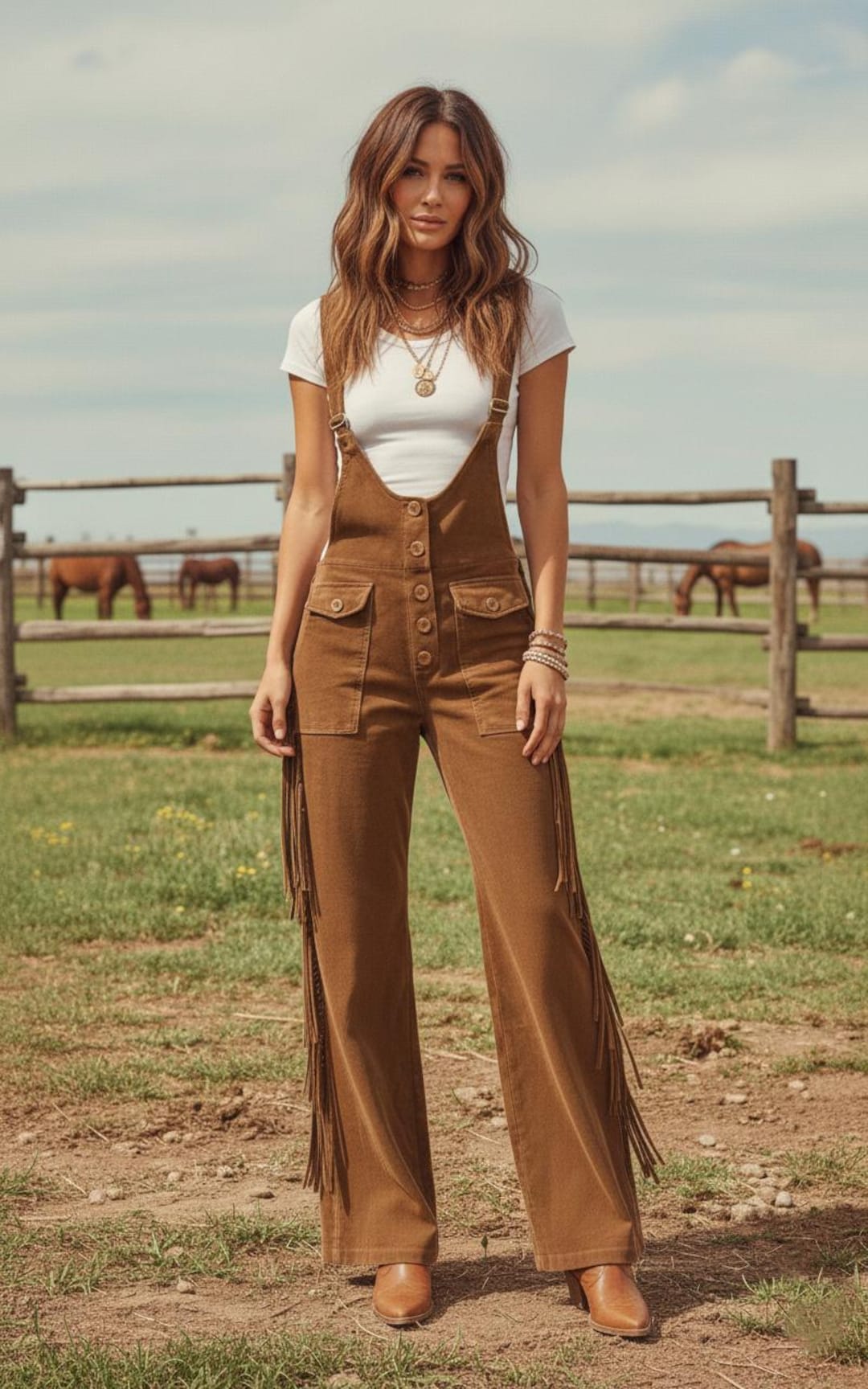 Western Suede Fringe Overalls, Boho Wide Leg, Caramel Brown Flare ...
