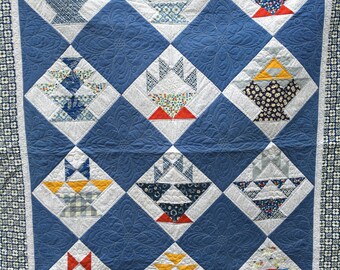 Vintage Pieced Quilt Block, Triangle Basket, Muted Plaids, Vintage ...