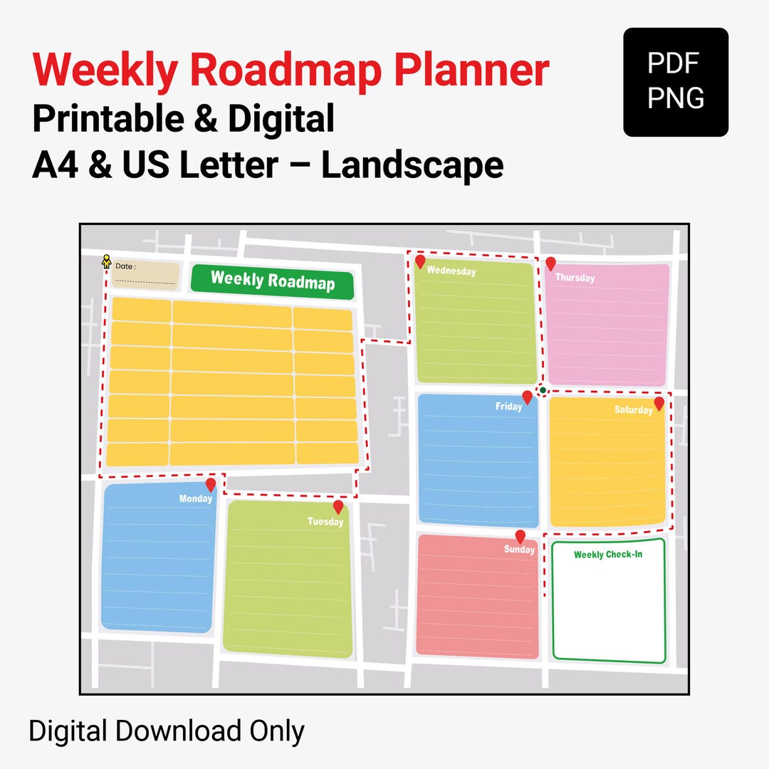 Weekly Roadmap Planner Printable | A4 US Letter Landscape (digital ...