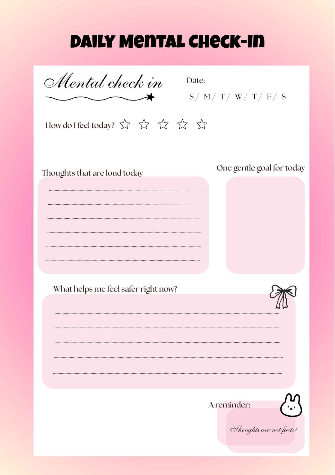 Mental Check in Printable | Daily Self Care Journal PDF | Minimalist ...