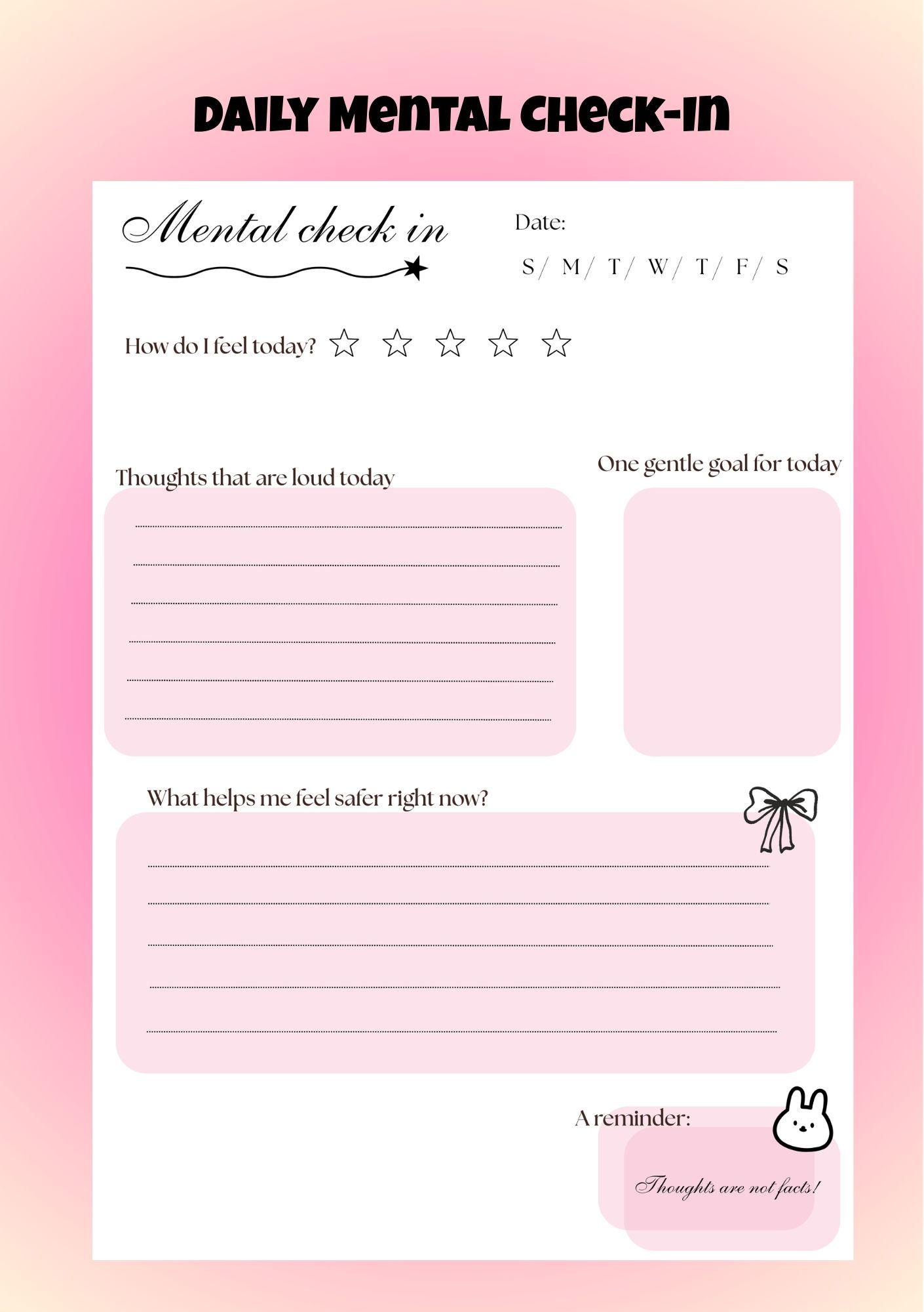 Mental Check in Printable | Daily Self Care Journal PDF | Minimalist ...