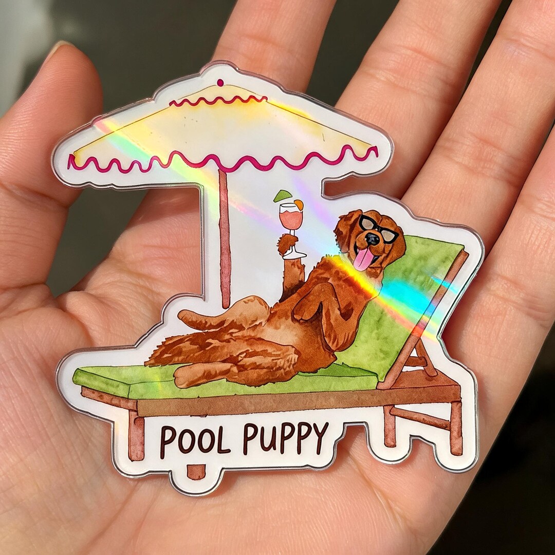 Pool Puppy Holographic Sticker - Funny Golden Retriever Summer Decal ...