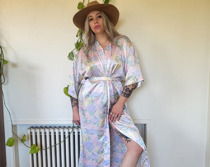 Vintage Pastel Floral Silk Robe / Vintage Silk Floral Long Dress ...
