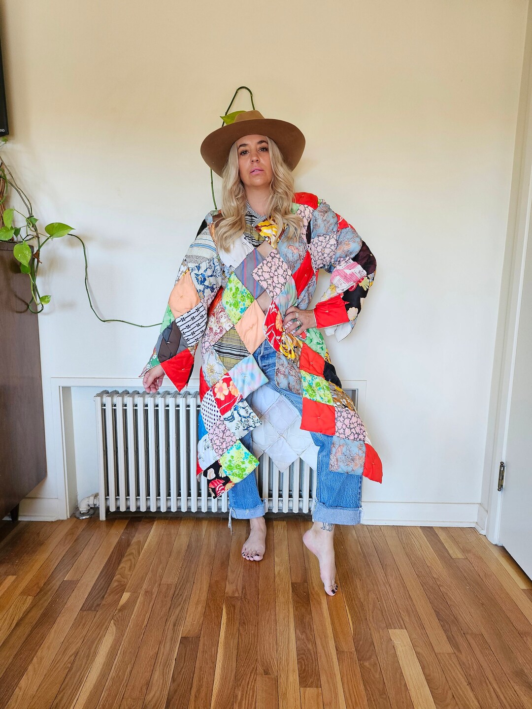 Vintage Handmade Quilted Jacket / Long Quilted Coat / Vintage Handmade ...