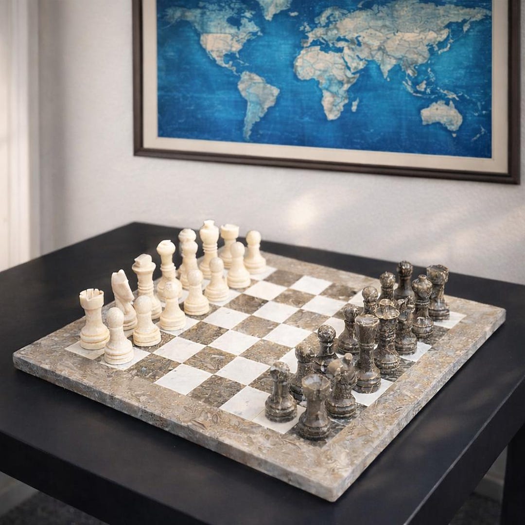 Hand-carved Natural Marble Chess Set – Grey Stone Board, Velvet Case ...