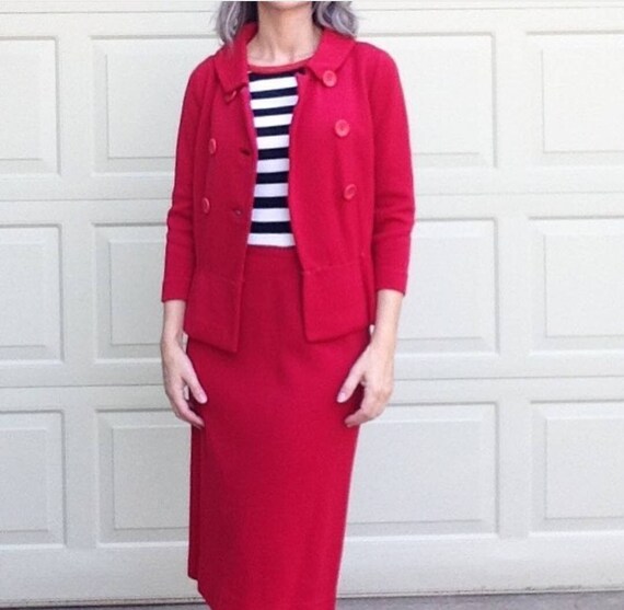 kimberly RED WOOL knit SUIT pencil skirt peacoat S (K… - Gem