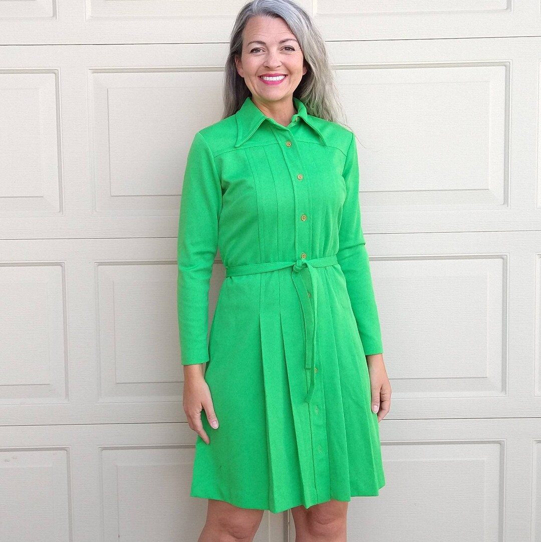 1970's GREEN Button-front DAY DRESS 70's M (A11) - Etsy
