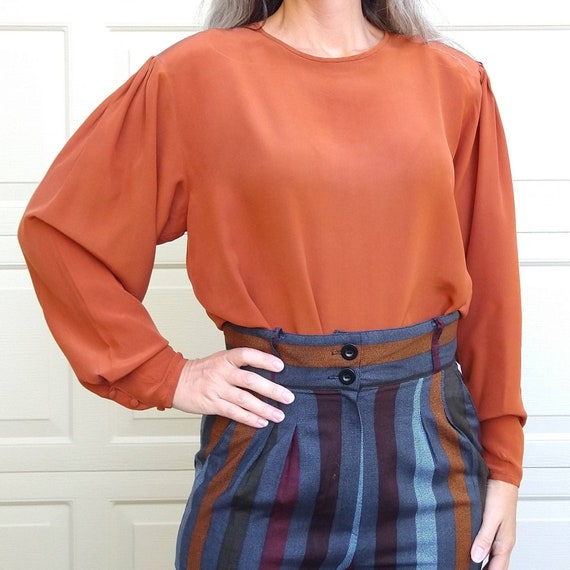 RUST SILK BLOUSE 1980's 80's M (A11) - Gem