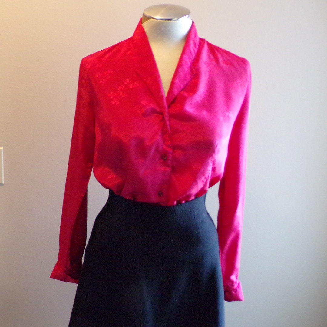 1980's RED SATIN Button Front BLOUSE 80's S F6 - Etsy