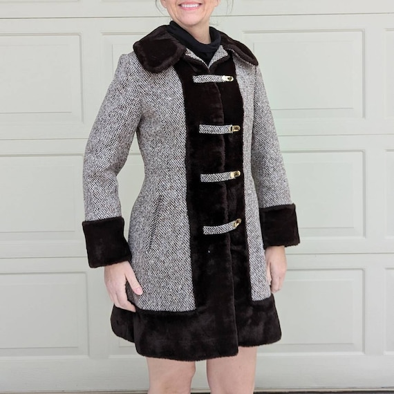 1970's TWEED and FAUX FUR coat 70's S - Gem