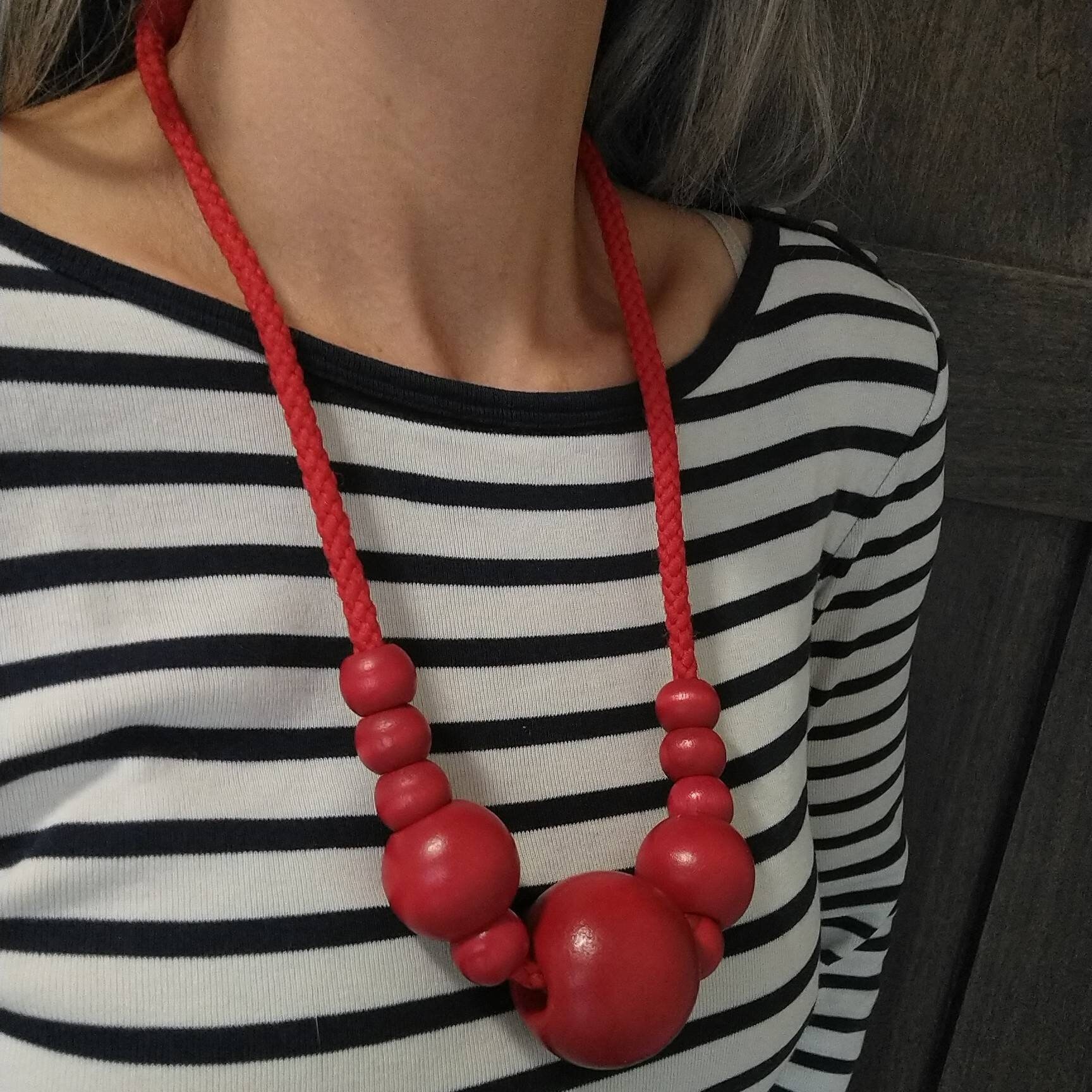 Oversized WOODEN BEAD NECKLACE Red Beads G12 Etsy
