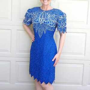 1980's 80's ROYAL BLUE Vintage DRESS Beaded Sequined M L (D8) - Etsy