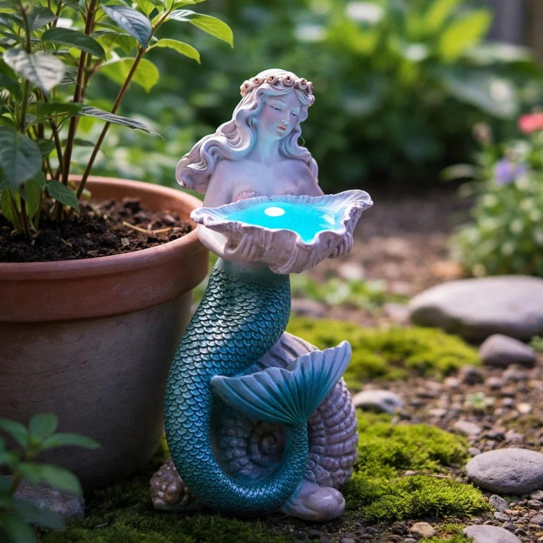 Mermaid Garden Statue, Solar Fairy Light, Coastal Outdoor Resin ...