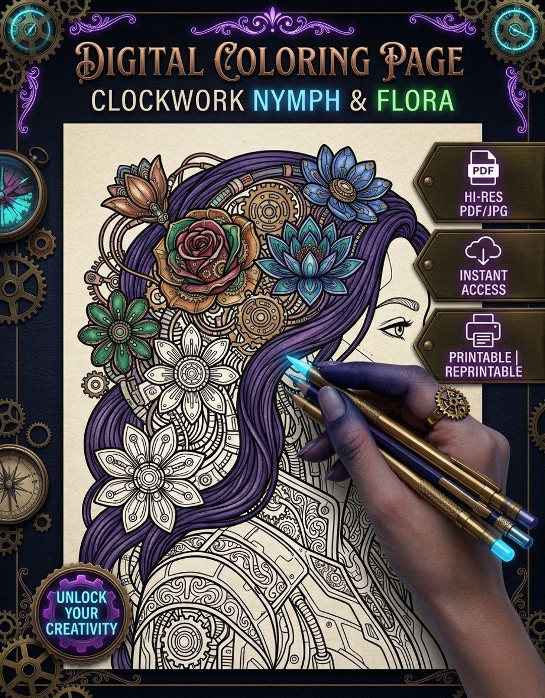 Cyberpunk Woman Coloring Page for Adults, Biomechanical Floral Portrait ...