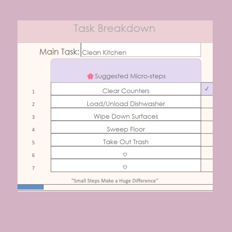 ADHD Task Breakdown Excel Template, Micro-step Planner, Focus Support ...