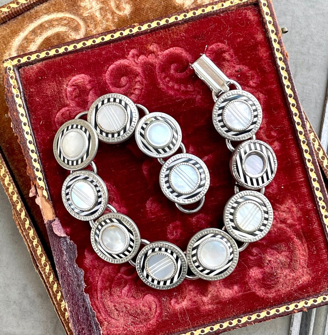 Antique Cufflink Bracelet Black White Striped Celluloid Carved Mother ...
