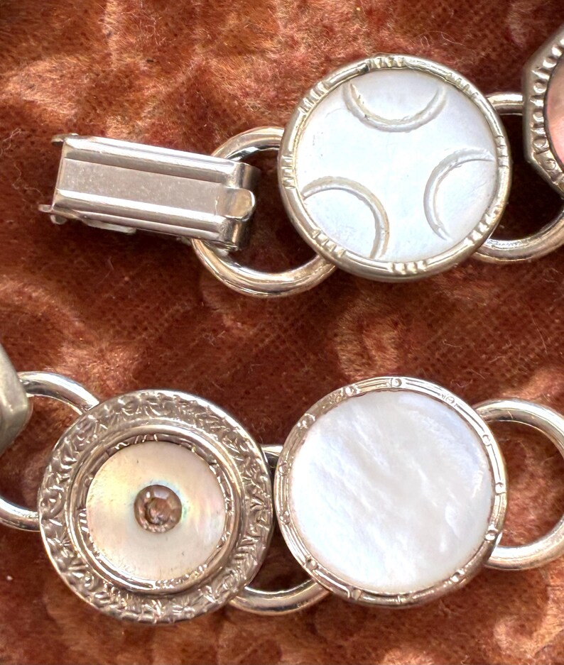 Antique Cufflink Bracelet Engraved Rims Carved Mother of Pearl Silver ...