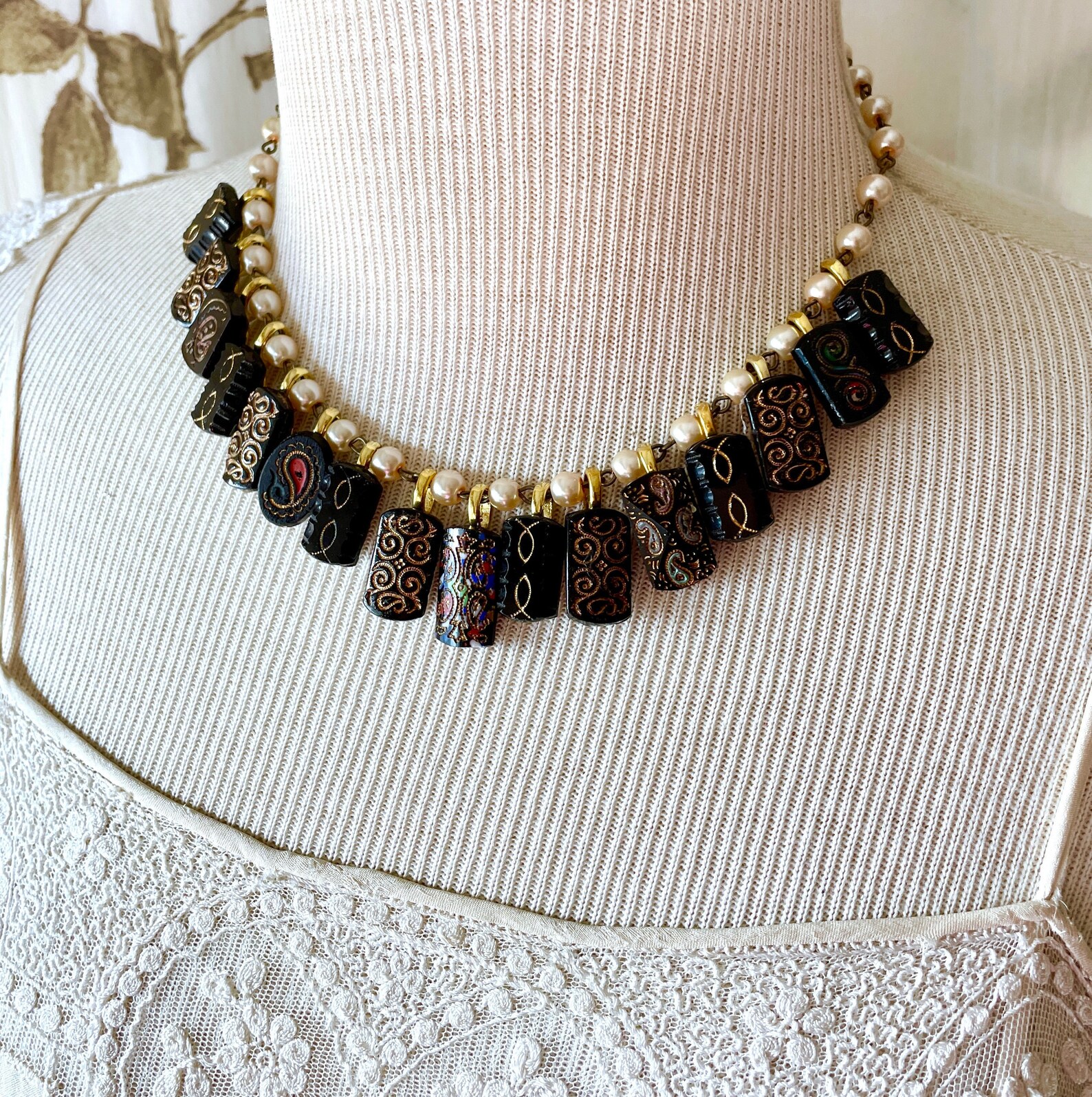 Stunning Incised Gold Trim Antique Button Necklace Oblong Elegant ...