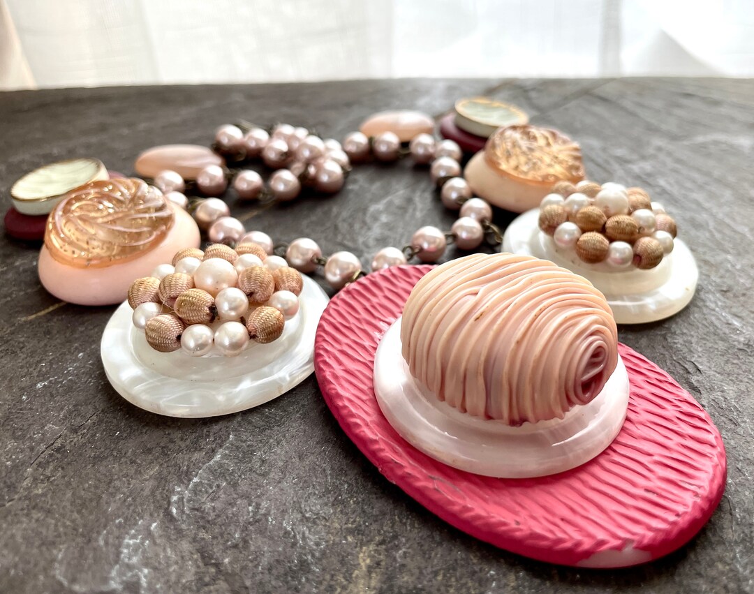 Vintage Pink Stacked Button Necklace Chunky Assemblage Celluloid Lucite ...