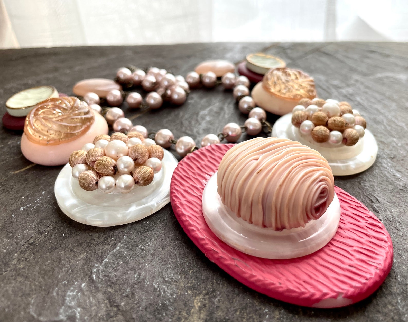 Vintage Pink Stacked Button Necklace Chunky Assemblage Celluloid Lucite ...