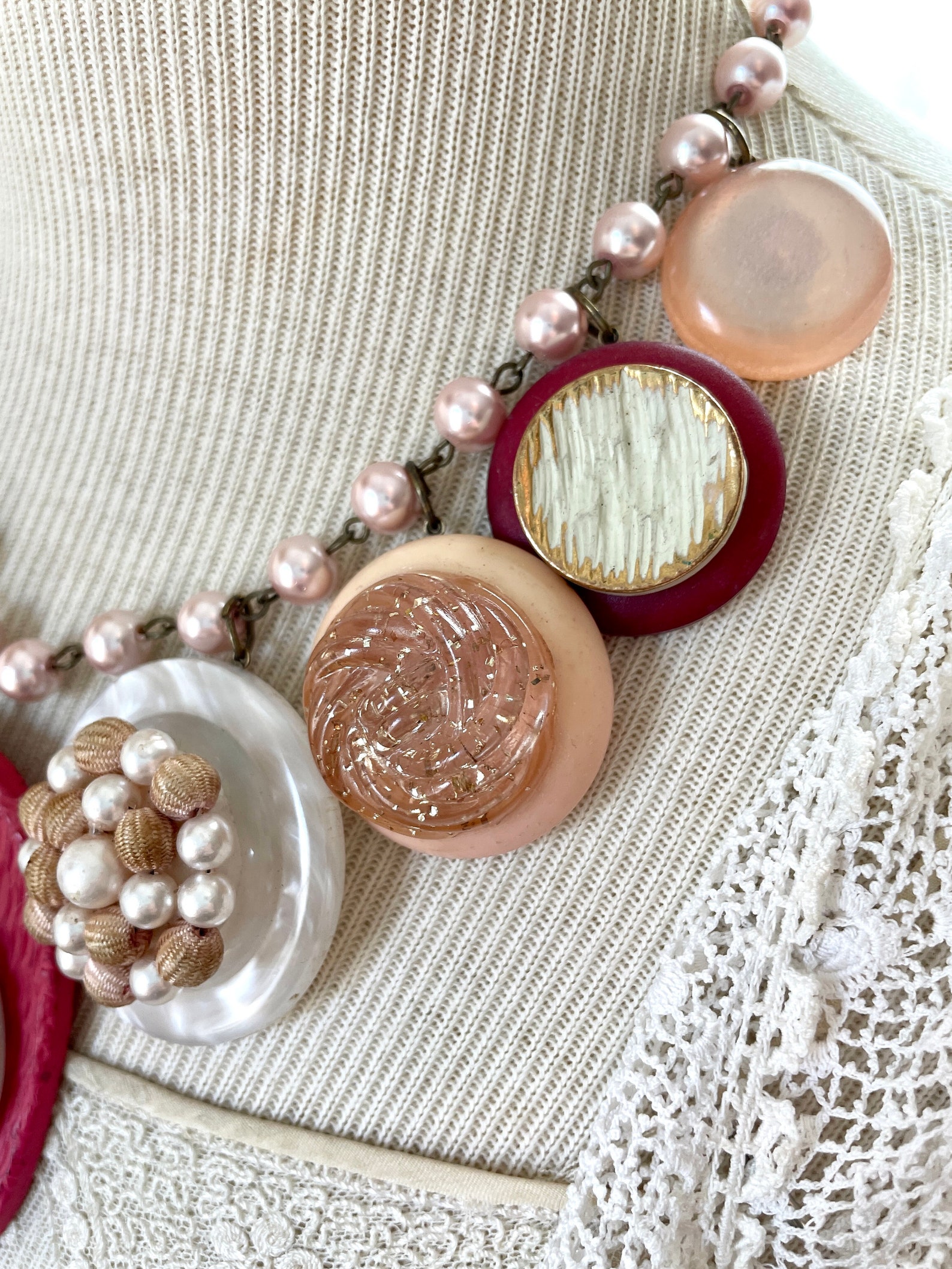 Vintage Pink Stacked Button Necklace Chunky Assemblage - Etsy