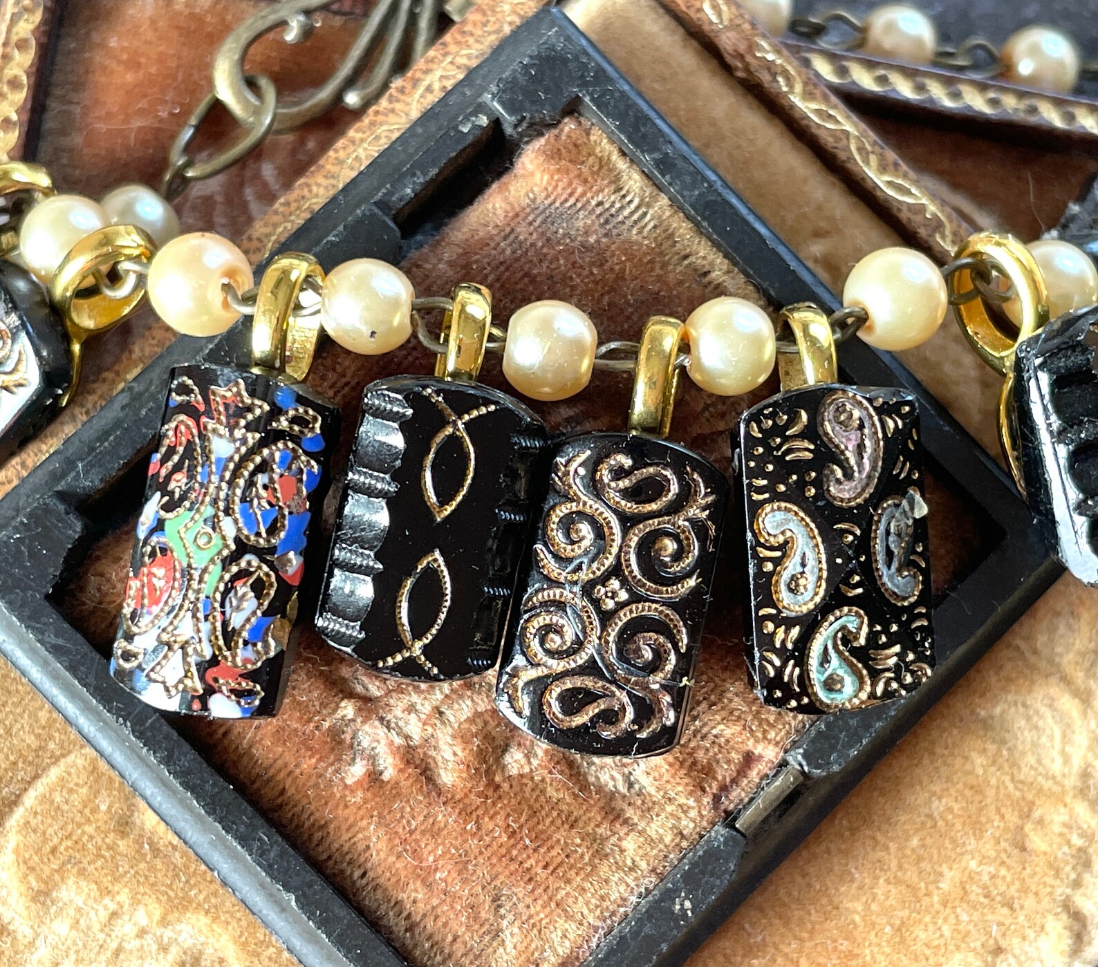 Stunning Incised Gold Trim Antique Button Necklace Oblong Elegant ...