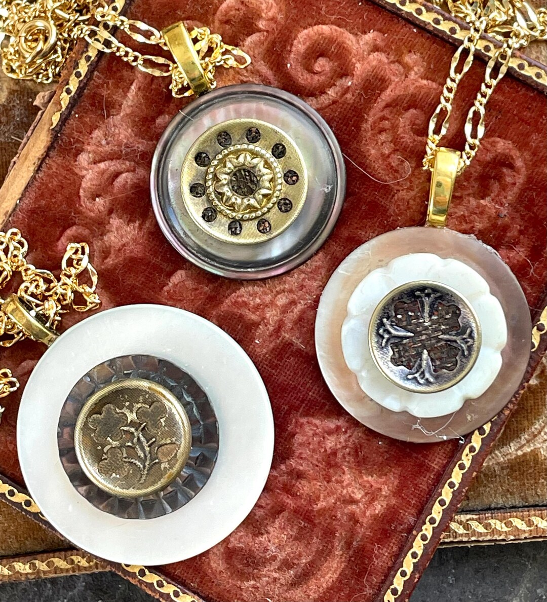 Your Choice Antique Perfume Button Pendant Vintage Assemblage Recycled ...