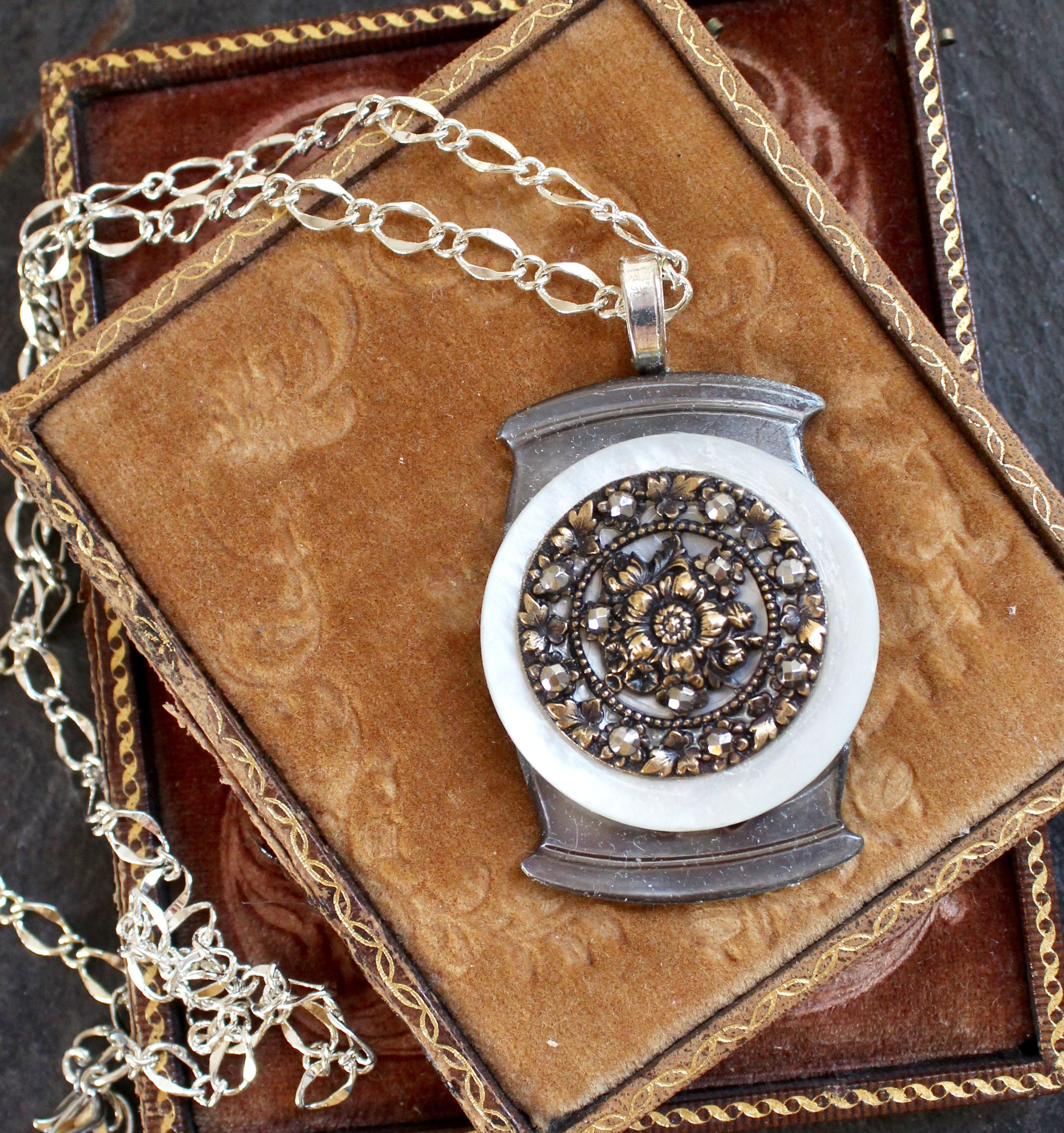 Large Pierced brass steel cut button Assemblage Necklace | Etsy