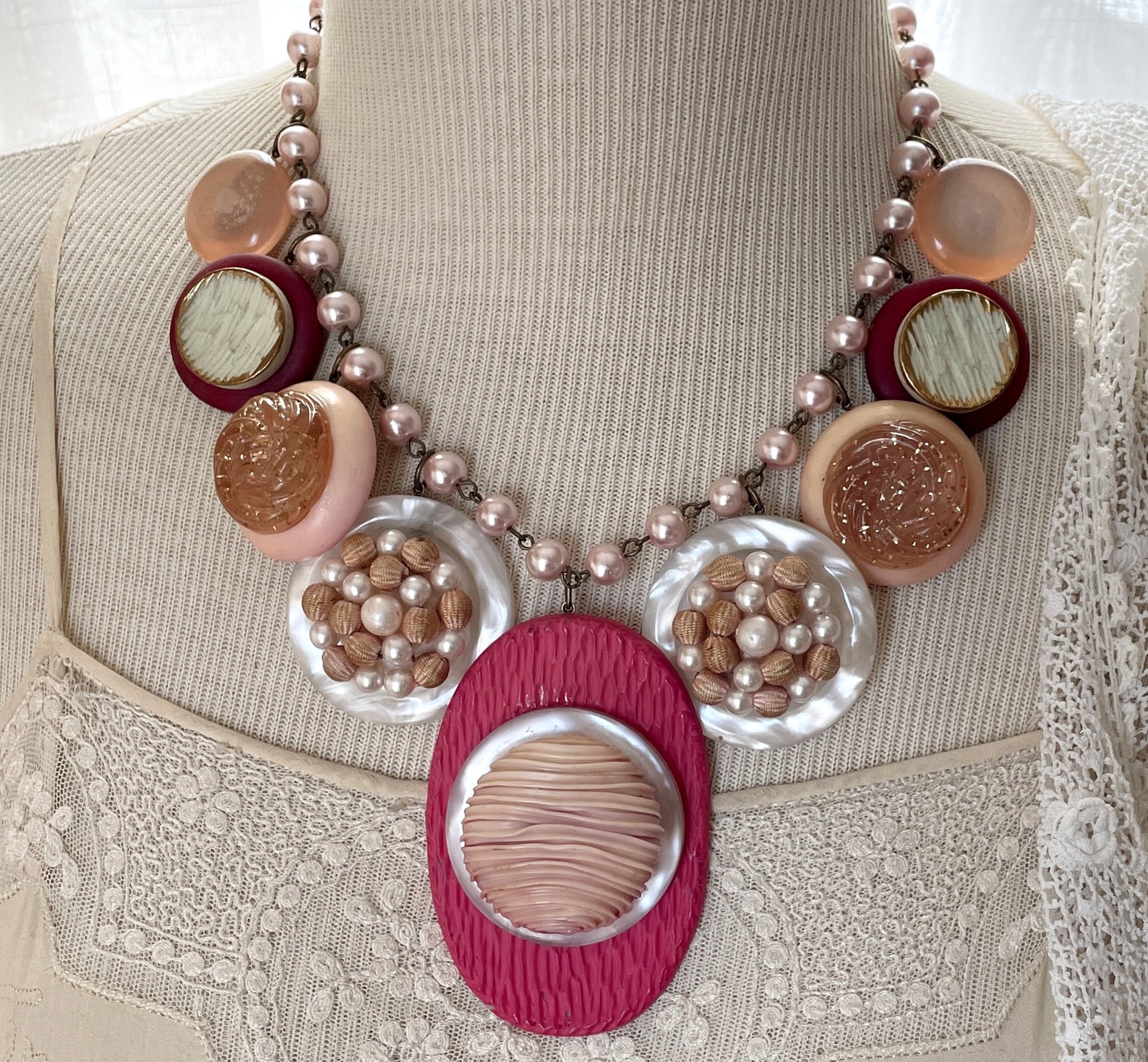 Vintage Pink Stacked Button Necklace Chunky Assemblage - Etsy