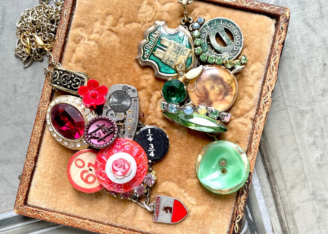 Your Choice Vintage Button Collage Assemblage Pendants Necklace Jewelry ...