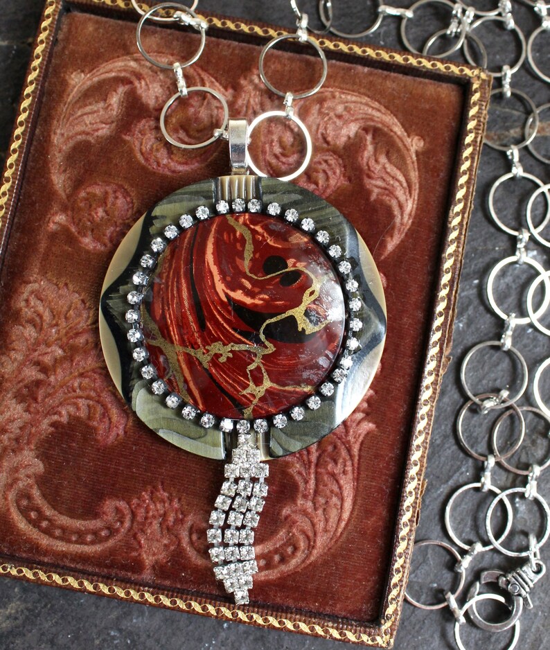 Marbled End Paper Antique Book Stunning Vintage Assemblage Pendant ...