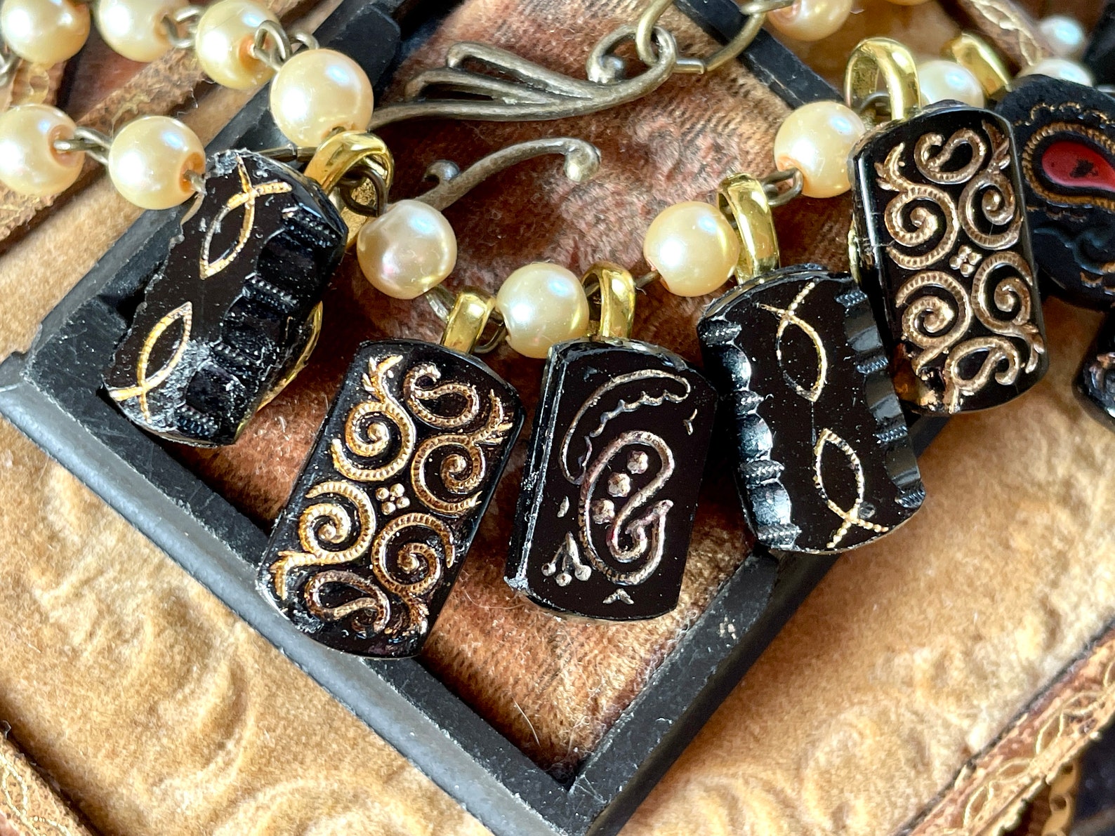 Stunning Incised Gold Trim Antique Button Necklace Oblong Elegant ...