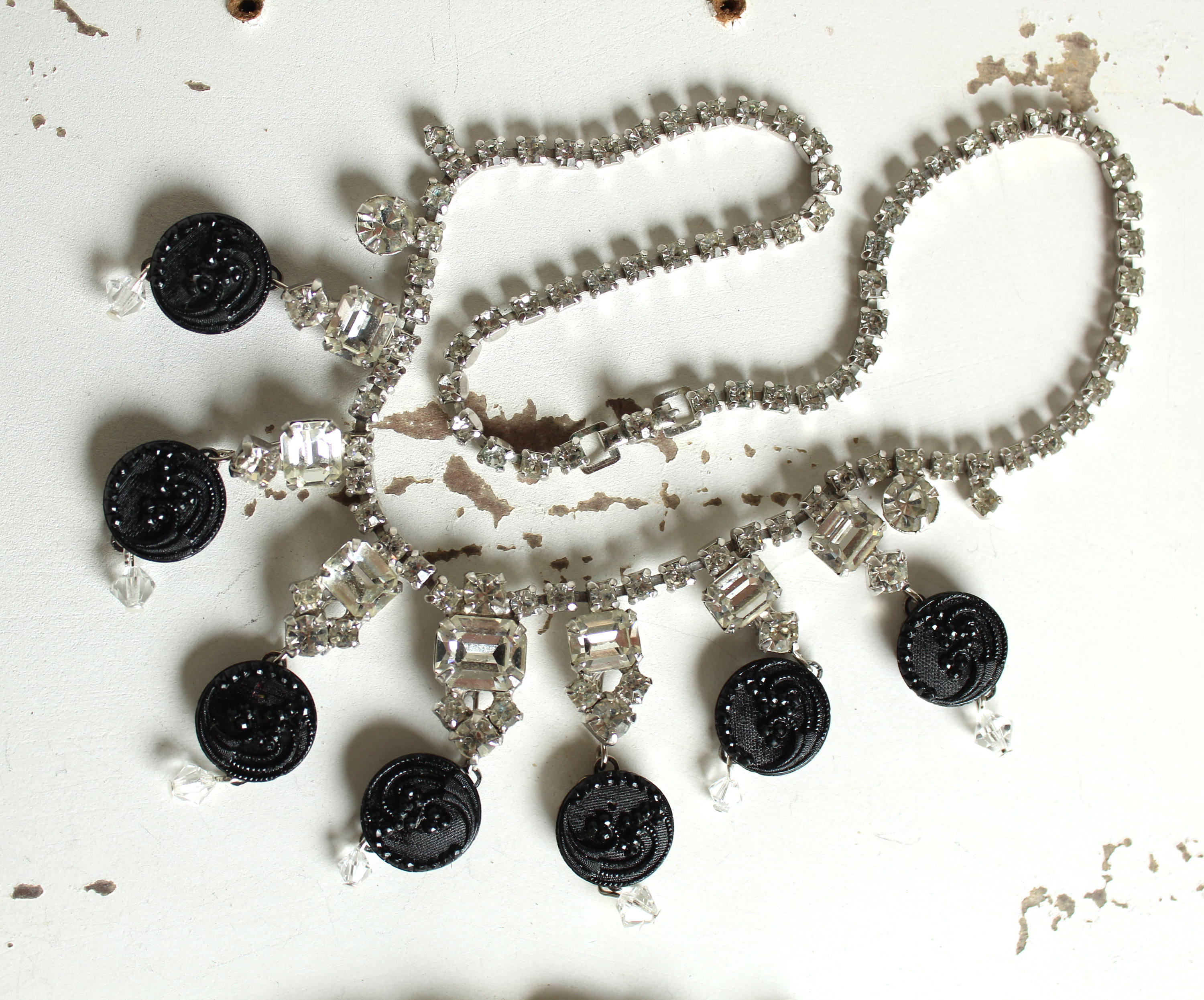 Rhinestone necklace black glass buttons assemblageantique rare | Etsy