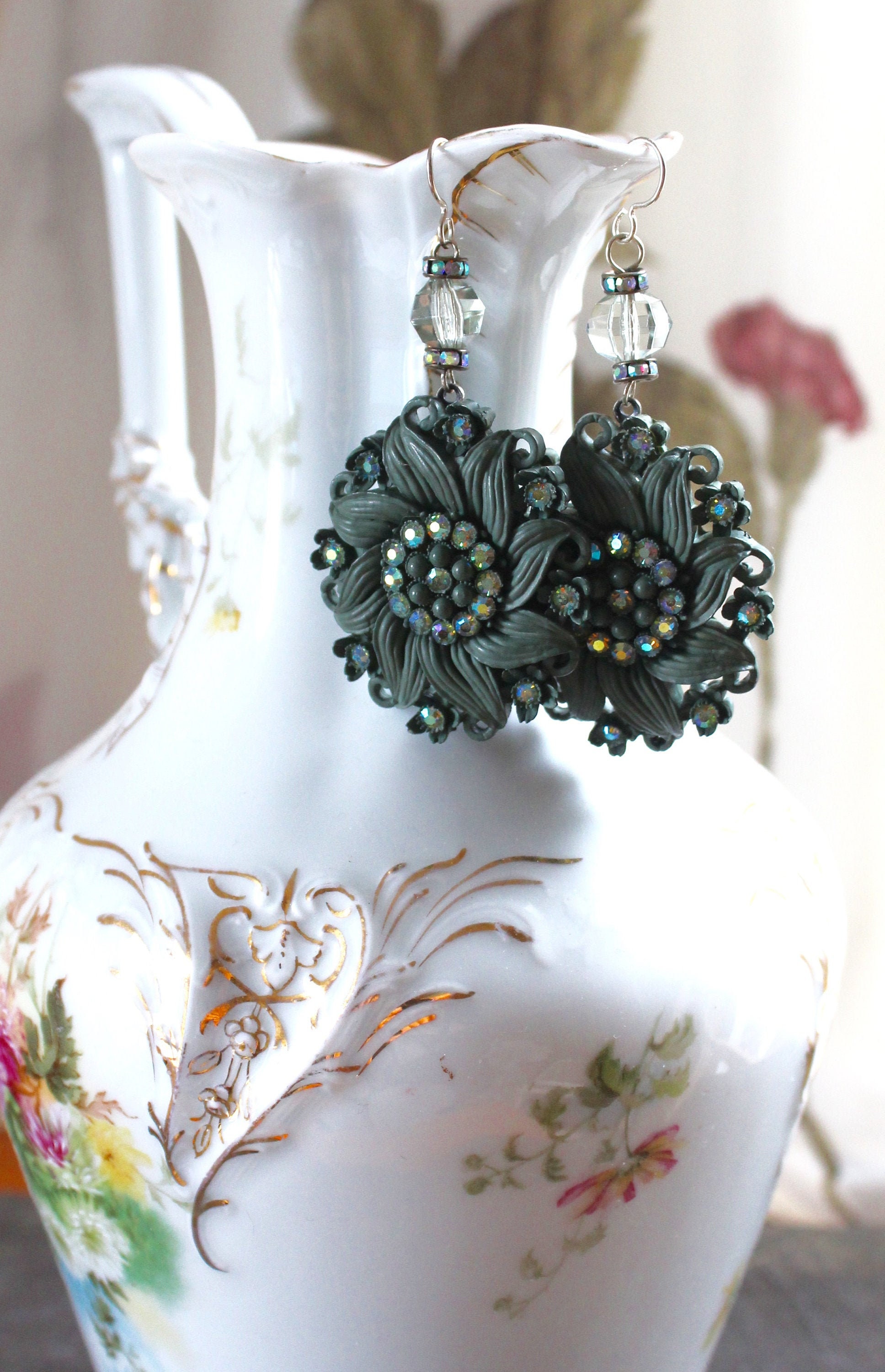 Rich gray green flower celluloid rhinestone earrings statement | Etsy