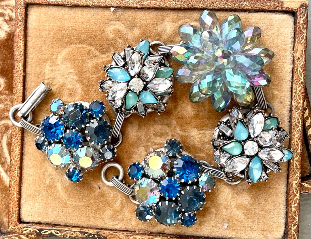 Vintage Rhinestone Button Bracelet Blues Antique Clear Sharp - Etsy