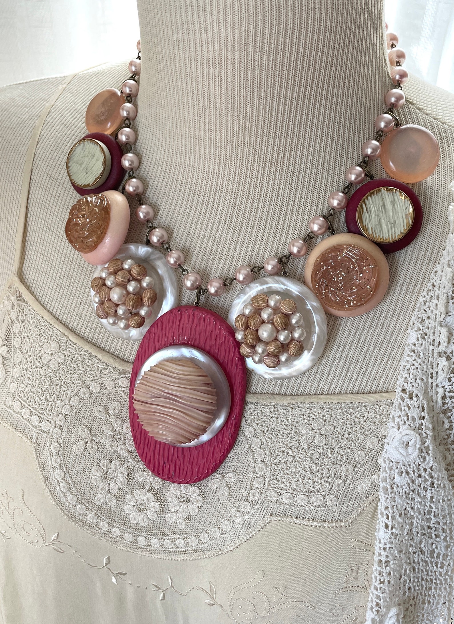 Vintage Pink Stacked Button Necklace Chunky Assemblage - Etsy