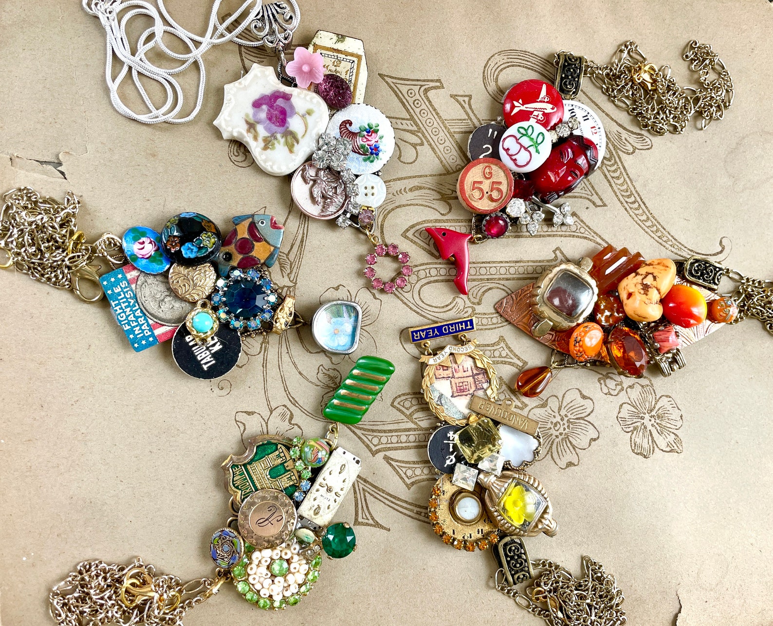 Curious Vintage Collage Pendant Assemblage Antique Buttons - Etsy
