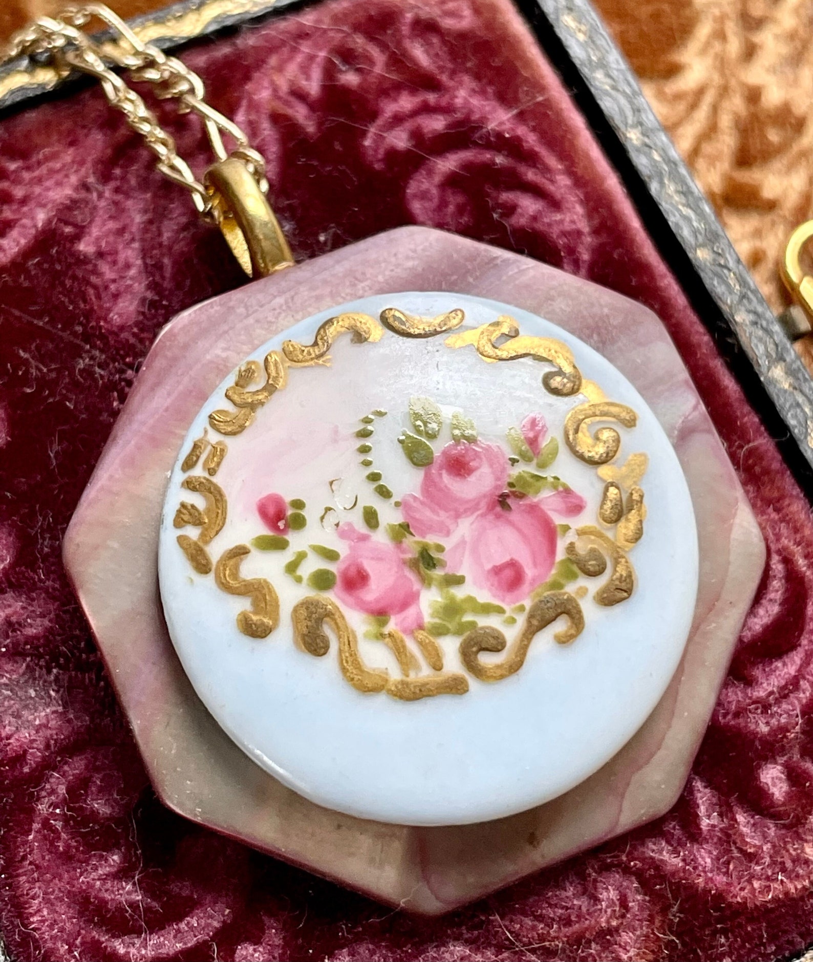 Antique Porcelain Hand Painted China Button Pendant Necklace Gilt ...