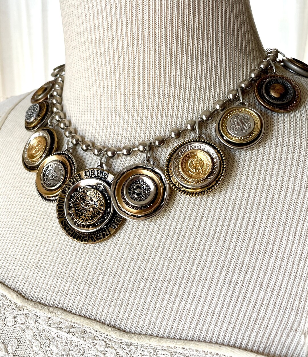 Vintage Button Necklace Domed Stacked Silver Gold Tones Choker ...