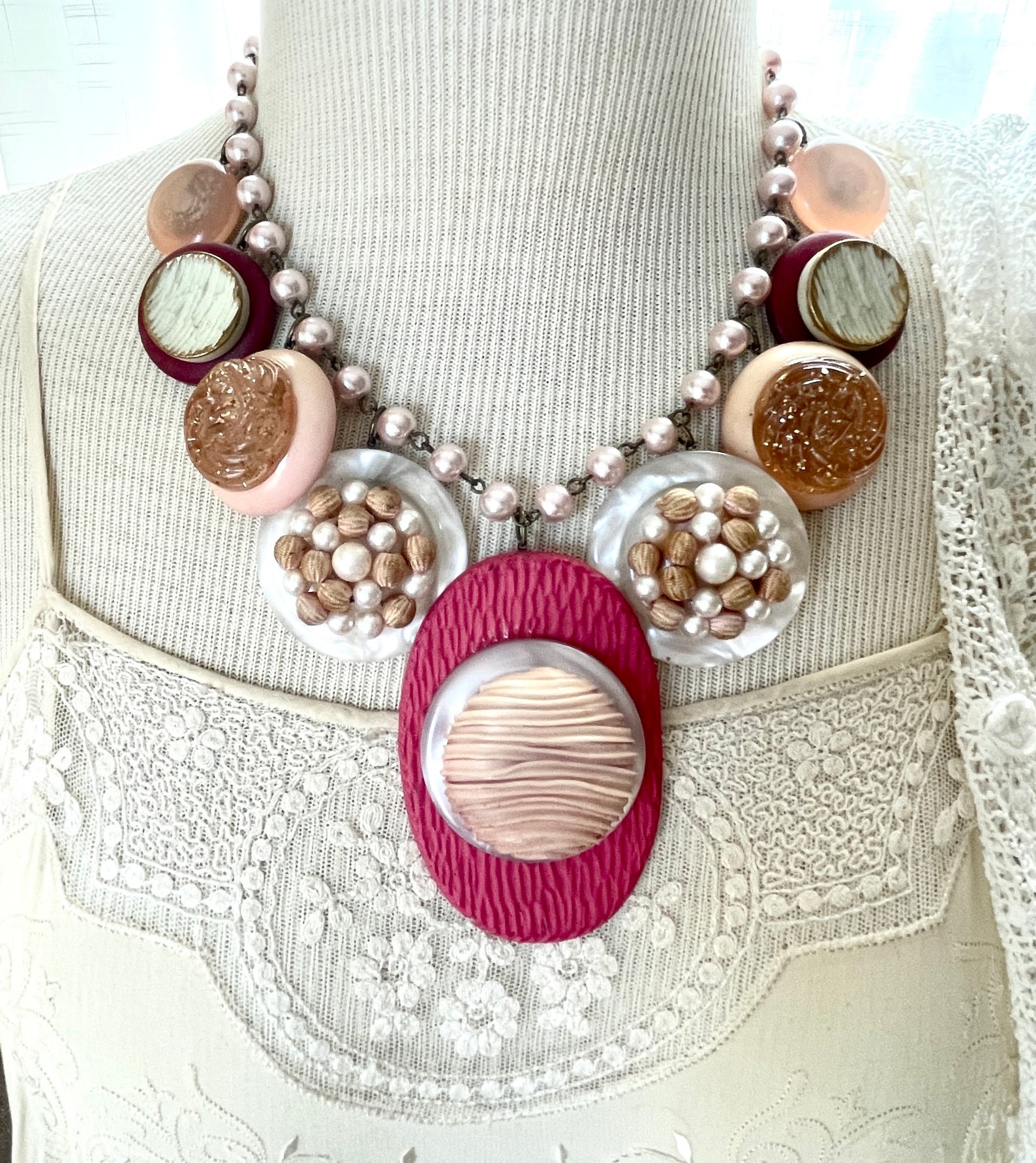 Vintage Pink Stacked Button Necklace Chunky Assemblage - Etsy