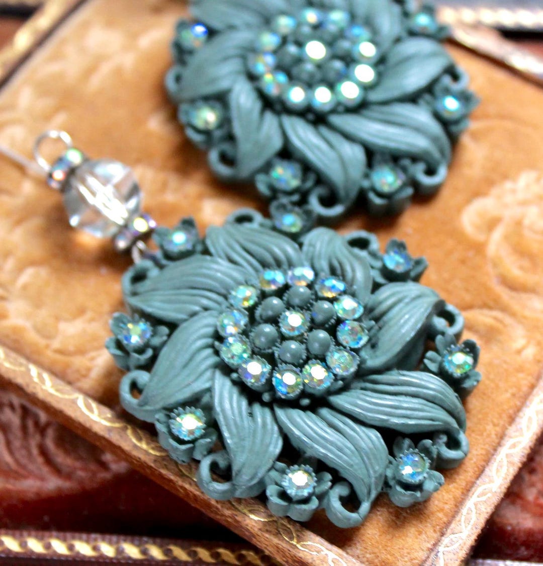 Rich Gray Blue Flower Celluloid Rhinestone Earrings Statement Large ...