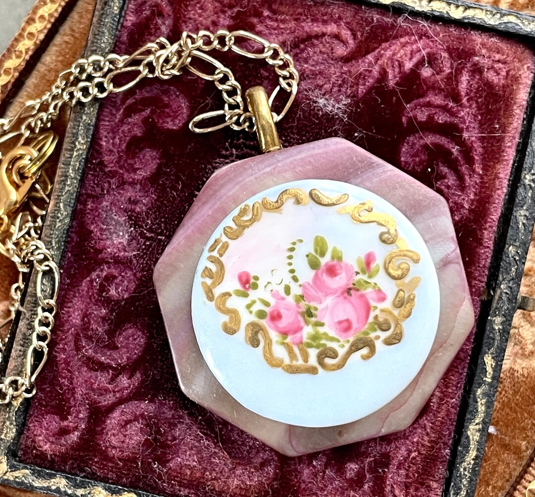 Antique Porcelain Hand Painted China Button Pendant Necklace Gilt ...
