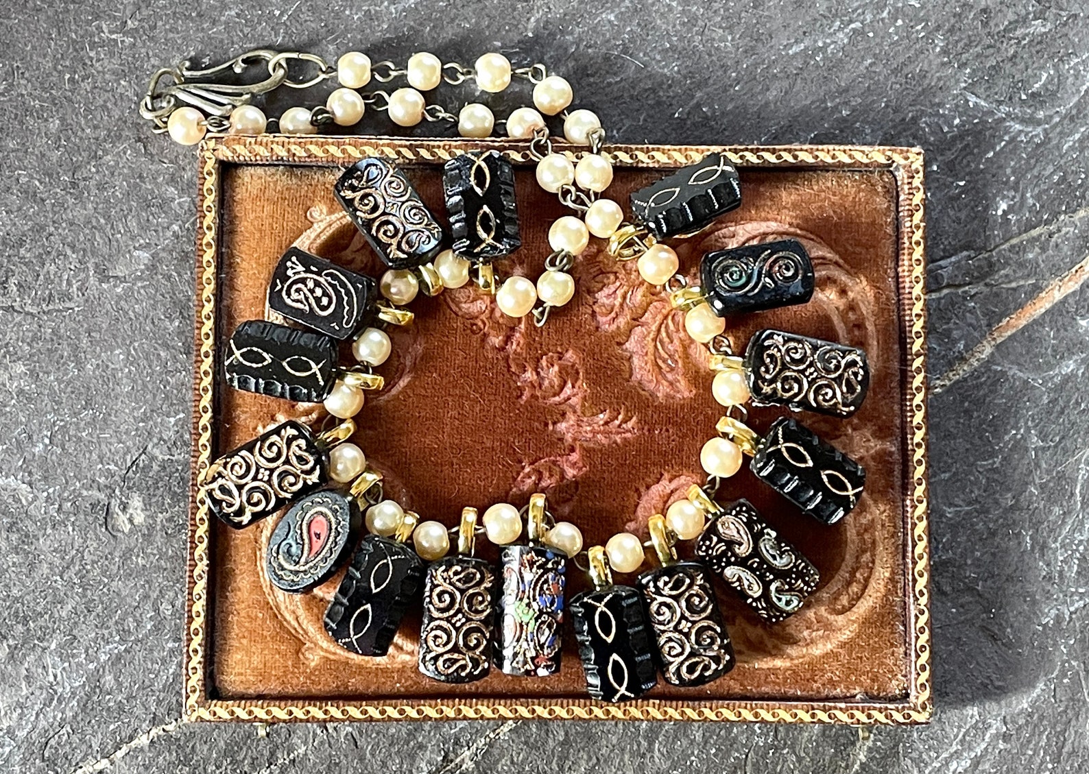Stunning Incised Gold Trim Antique Button Necklace Oblong Elegant ...