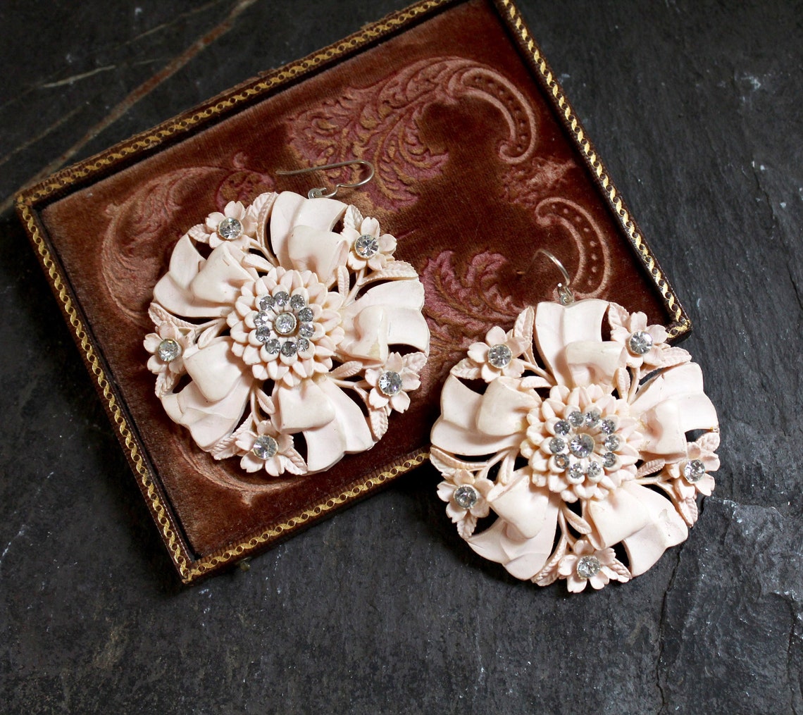 BIG!!! Celluloid and Rhinestone Earrings Vintage Antique Vintage - Etsy