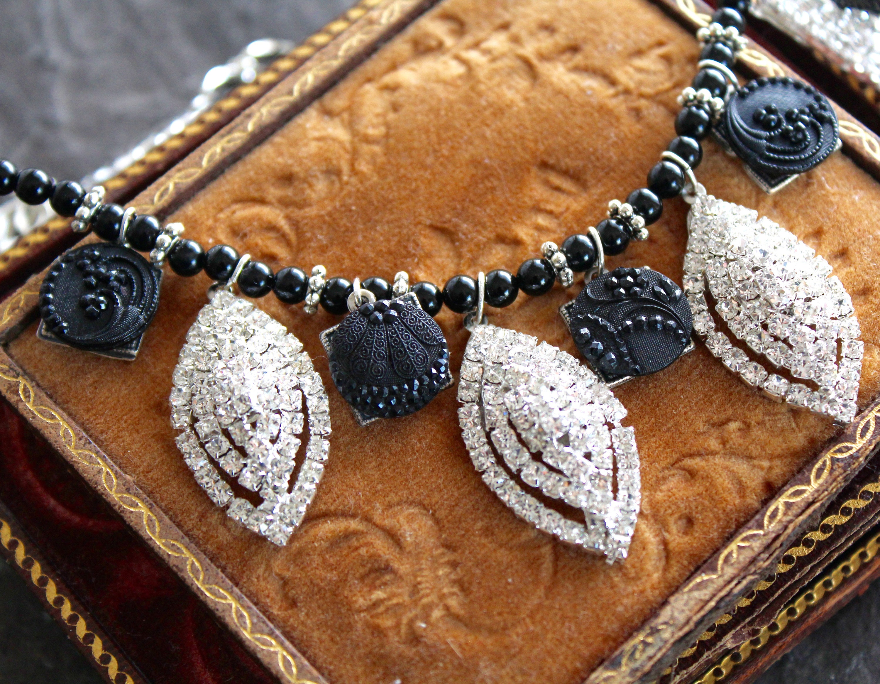 Rhinestone necklace black glass buttons assemblage antique | Etsy