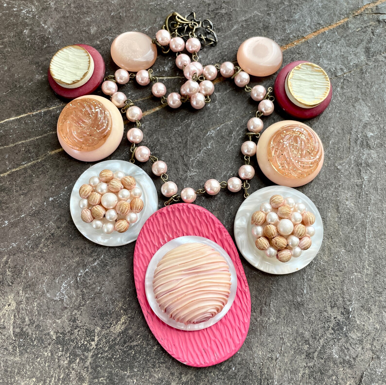 Vintage Pink Stacked Button Necklace Chunky Assemblage Celluloid Lucite ...