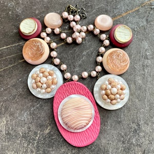 Vintage Pink Stacked Button Necklace Chunky Assemblage Celluloid Lucite ...