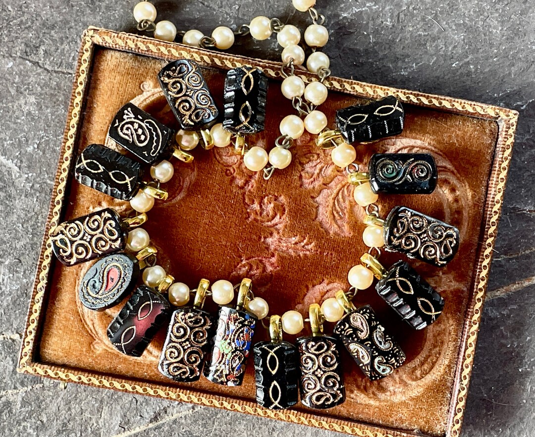 Stunning Incised Gold Trim Antique Button Necklace Oblong Elegant ...
