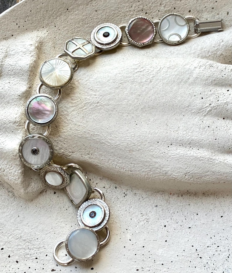 Antique Cufflink Bracelet Engraved Rims Carved Mother of Pearl Silver ...