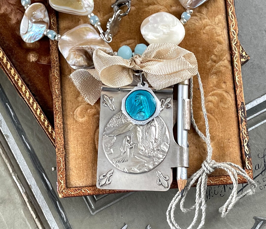 Our Lady Lourdes Dance Card Note Pad Chatelaine Assemblage Locket ...